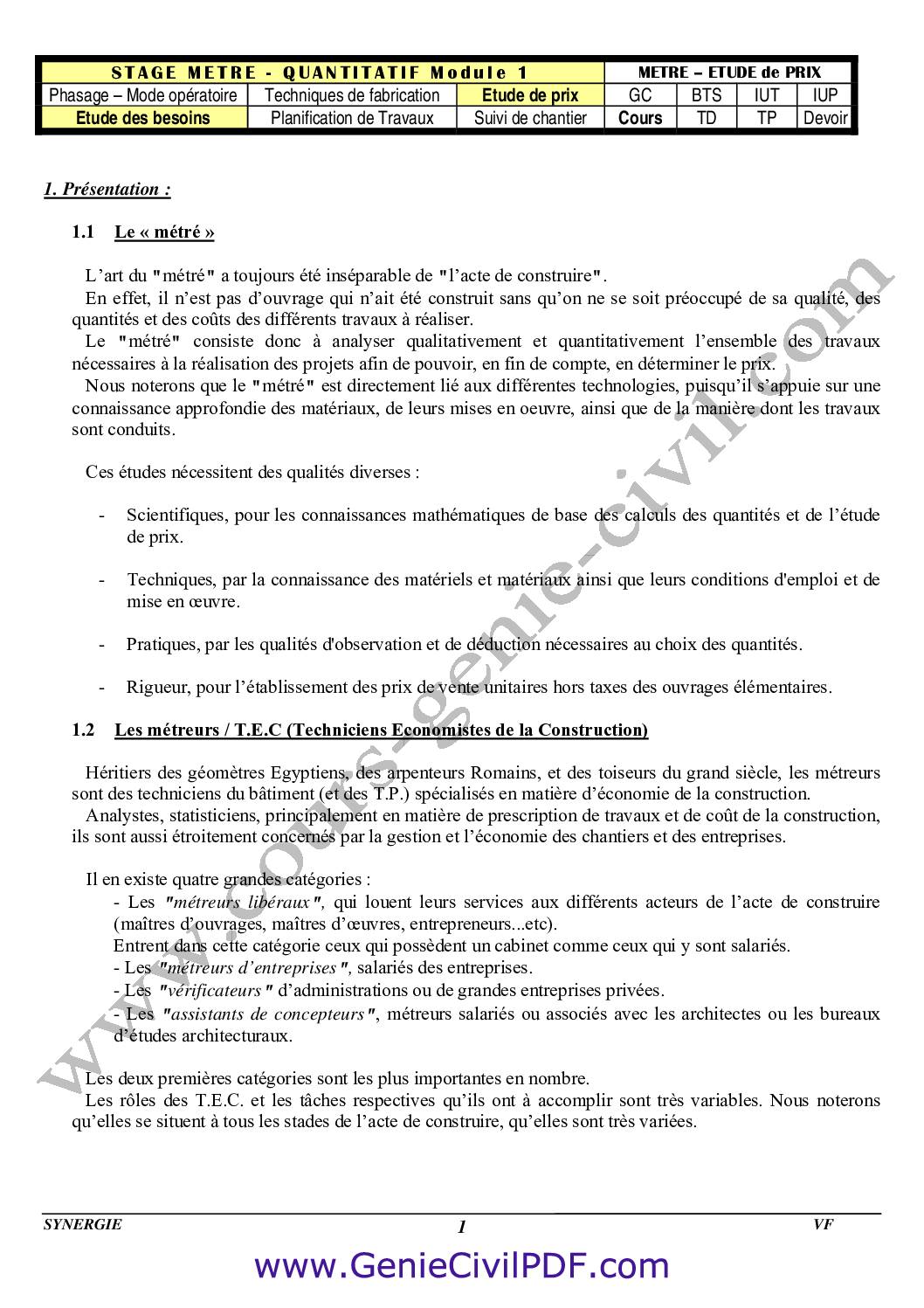 [PDF] Cours de métré et étude de prix | Genie Civil PDF