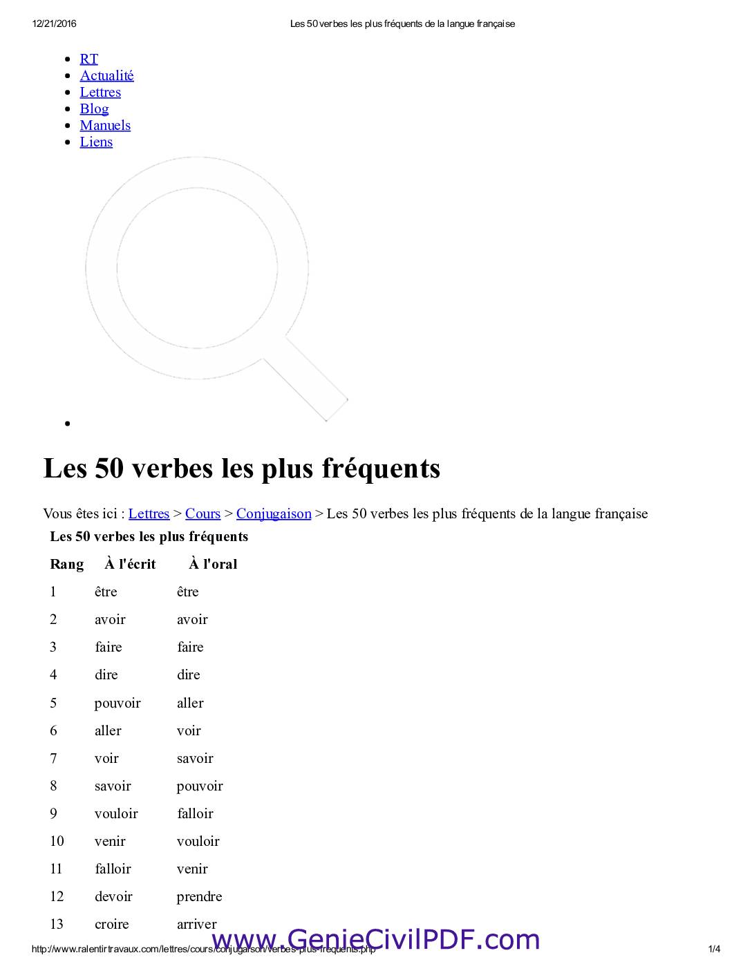 Les 50 Verbes Les Plus Fréquents de La Langue Française | Genie Civil PDF